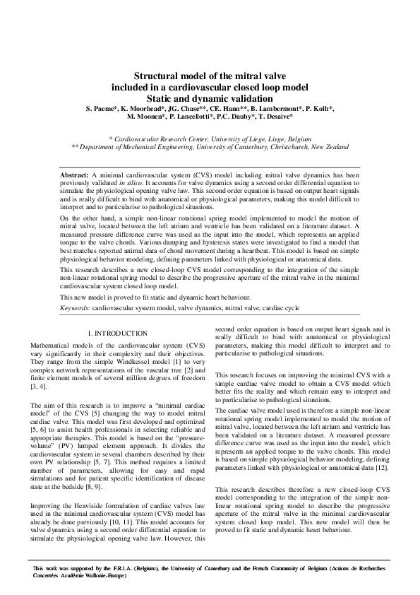 (PDF) Structural Model of the Mitral Valve Included in a Cardiovascular Closed Loop Model ...