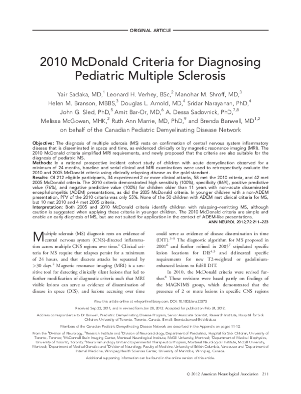 (PDF) 2010 McDonald criteria for diagnosing pediatric multiple sclerosis