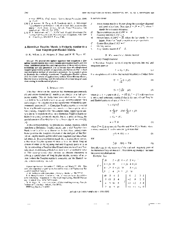 (PDF) A Hermitian Toeplitz matrix is unitarily similar to a real Toeplitz-plus-Hankel matrix