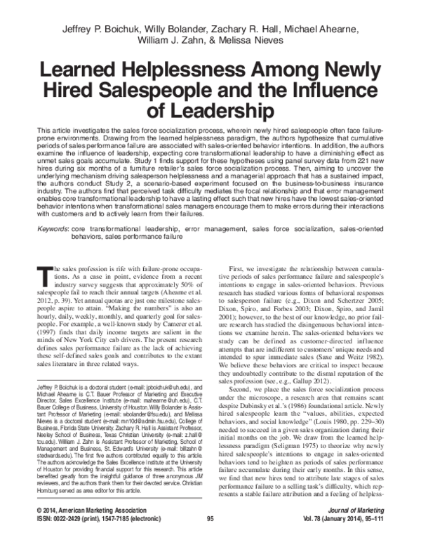 (PDF) Learned Helplessness in Salespeople: Leadership's Role