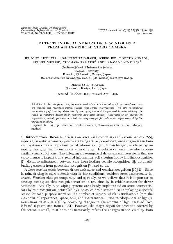 (PDF) DETECTION OF RAINDROPS ON A WINDSHIELD FROM AN IN-VEHICLE VIDEO ...