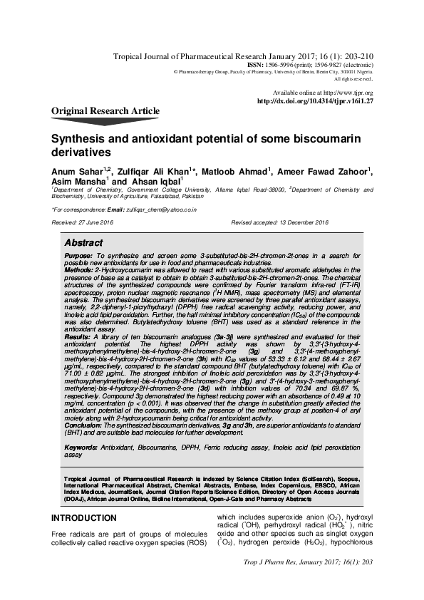 (PDF) Synthesis and antioxidant potential of some biscoumarin derivatives