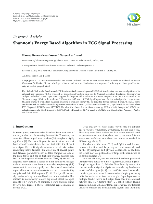 (PDF) Shannon's Energy Based Algorithm in ECG Signal Processing