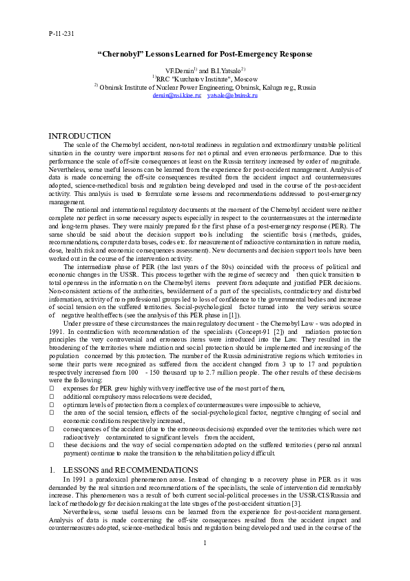 (PDF) “Chernobyl” Lessons Learned for Post-Emergency Response