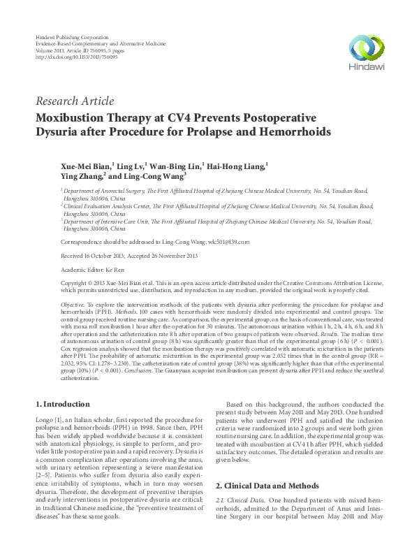 (PDF) Moxibustion Therapy at CV4 Prevents Postoperative Dysuria after ...