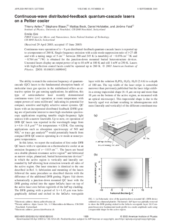 (PDF) Continuous-wave distributed-feedback quantum-cascade lasers on a Peltier cooler