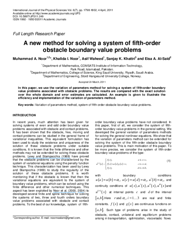 Pdf A New Method For Solving A System Of Fifth Order Obstacle Boundary Value Problems Dr