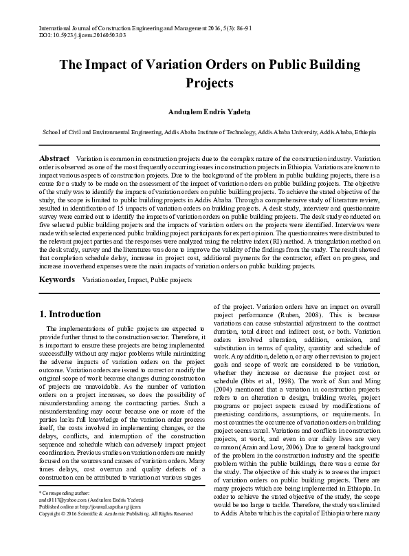 (PDF) The Impact of Variation Orders on Public Building Projects