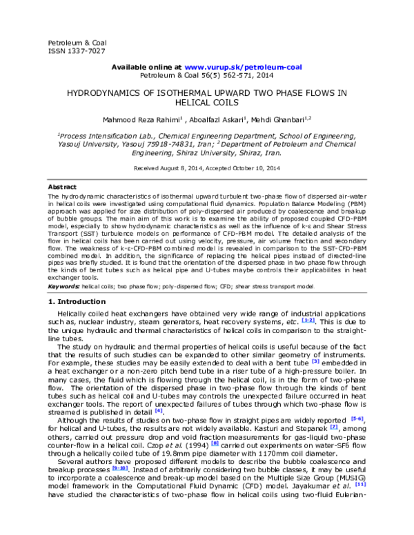 (PDF) Hydrodynamics of Isothermal Upward Two Phase Flows in Helical Coils