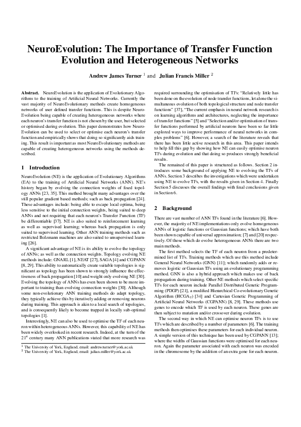 NeuroEvolution: The Importance of Transfer Function Evolution and ...