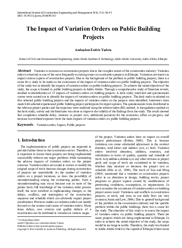 (PDF) Impact of Variation Orders on Public Projects