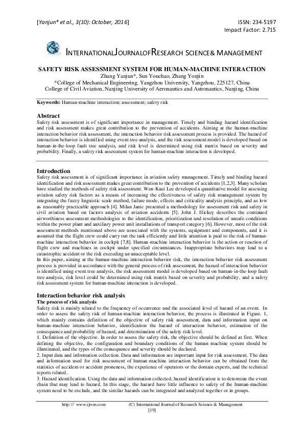 (PDF) SAFETY RISK ASSESSMENT SYSTEM FOR HUMAN-MACHINE INTERACTION