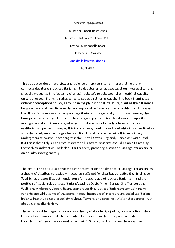 (PDF) Review of Kasper Lippert Rasmussen on Luck Egalitarianism