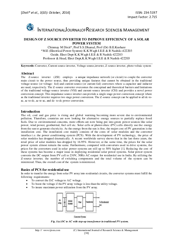 (PDF) DESIGN OF Z SOURCE INVERTER TO IMPROVE EFFICIENCY OF A SOLAR POWER SYSTEM