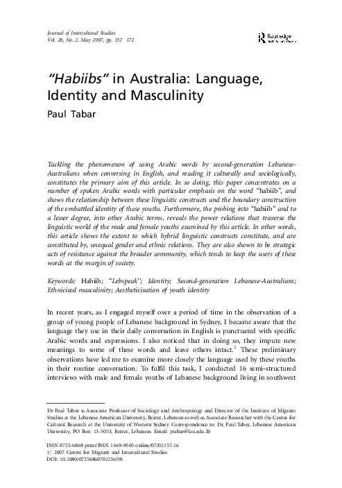 (PDF) “Habiibs” in Australia: Language, Identity and Masculinity