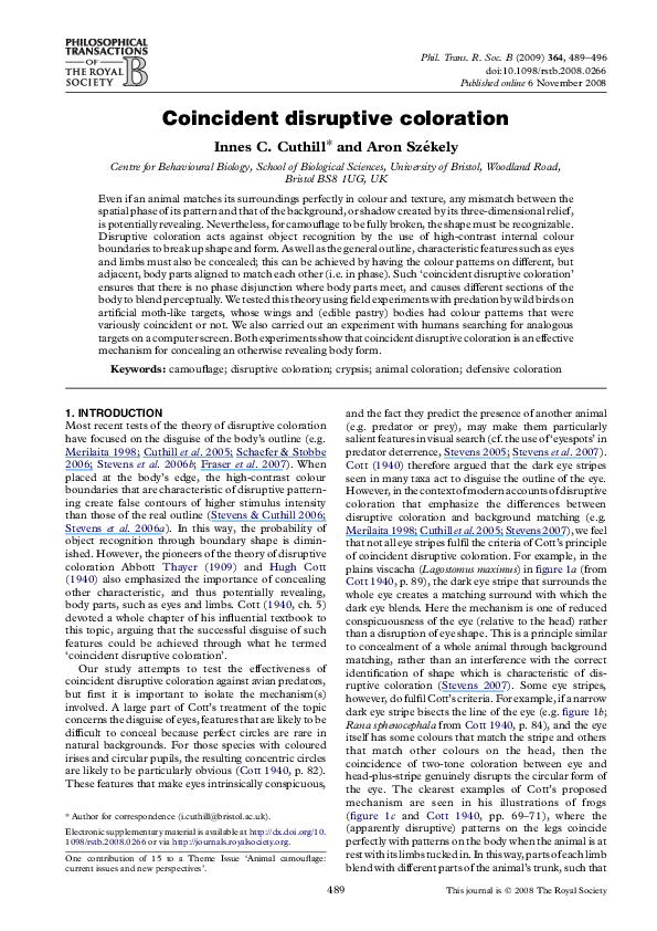 (PDF) Coincident disruptive coloration | Aron Szekely - Academia.edu