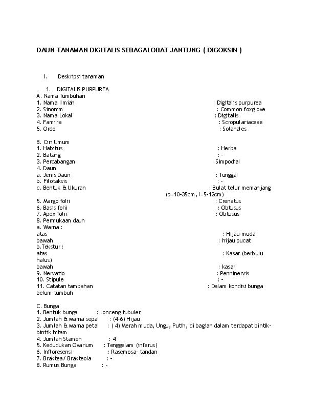 (DOC) DAUN TANAMAN DIGITALIS SEBAGAI OBAT JANTUNG ( DIGOKSIN