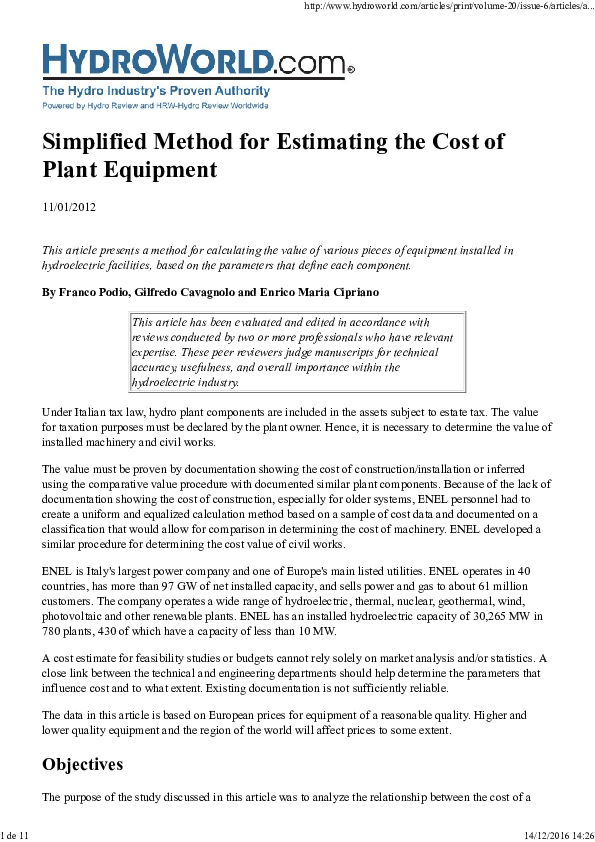 (PDF) Simplified Method for Estimating the Cost of Plant Equipment