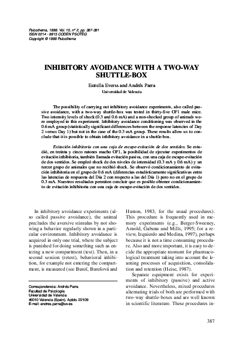 (PDF) Inhibitory avoidance with a two-way shuttle-box