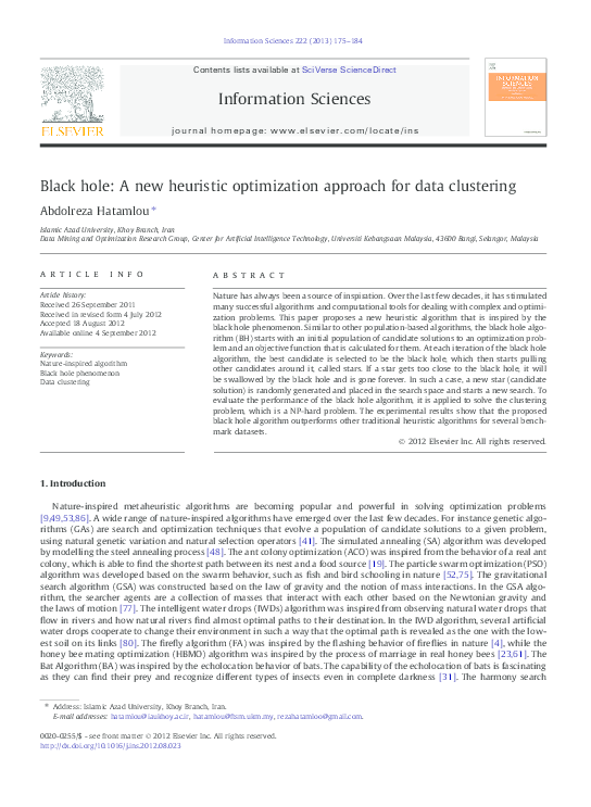 (PDF) Black hole: A new heuristic optimization approach for data clustering