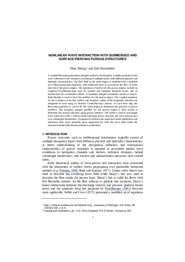 Pdf Nonlinear Wave Interaction With Submerged And Surface Piercing Porous Structures