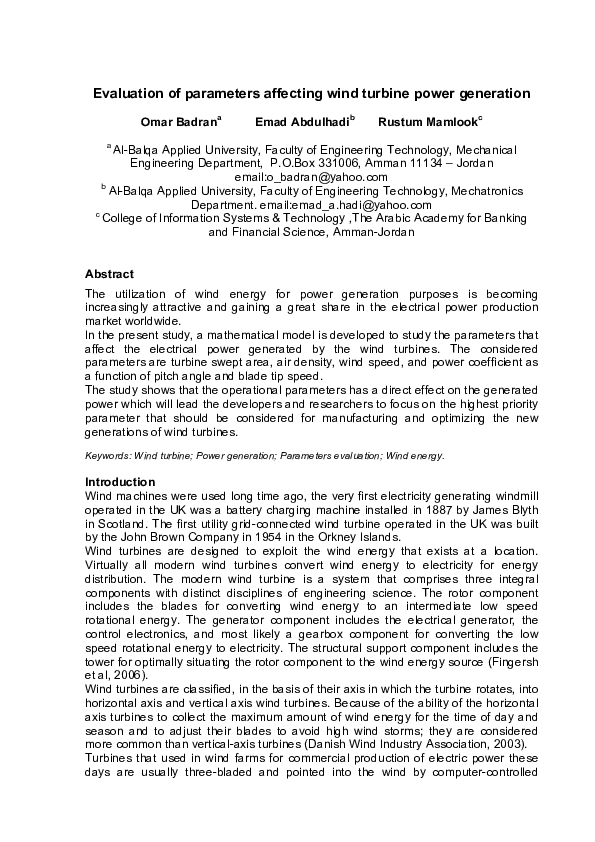 Pdf Evaluation Of Parameters Affecting Wind Turbine Power Generation Professor Rustom
