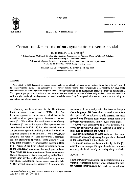 (PDF) Corner transfer matrix of an asymmetric six-vertex model