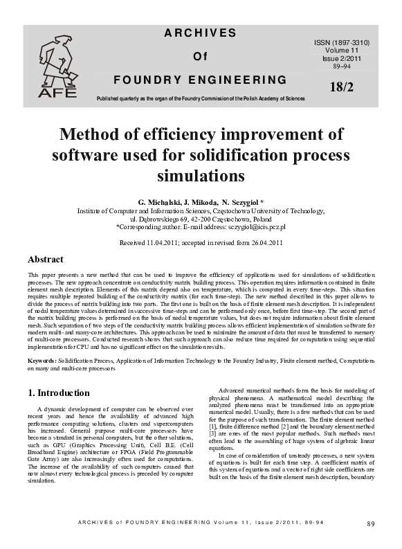 (PDF) Method of efficiency improvement of software used for solidification process simulations