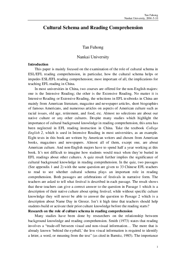(PDF) Cultural Schema and Reading Comprehension