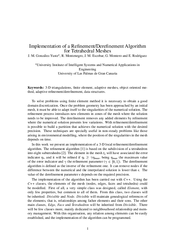 (PDF) Implementation of a Refinement/Derefinement Algorithm for Tetrahedral Meshes