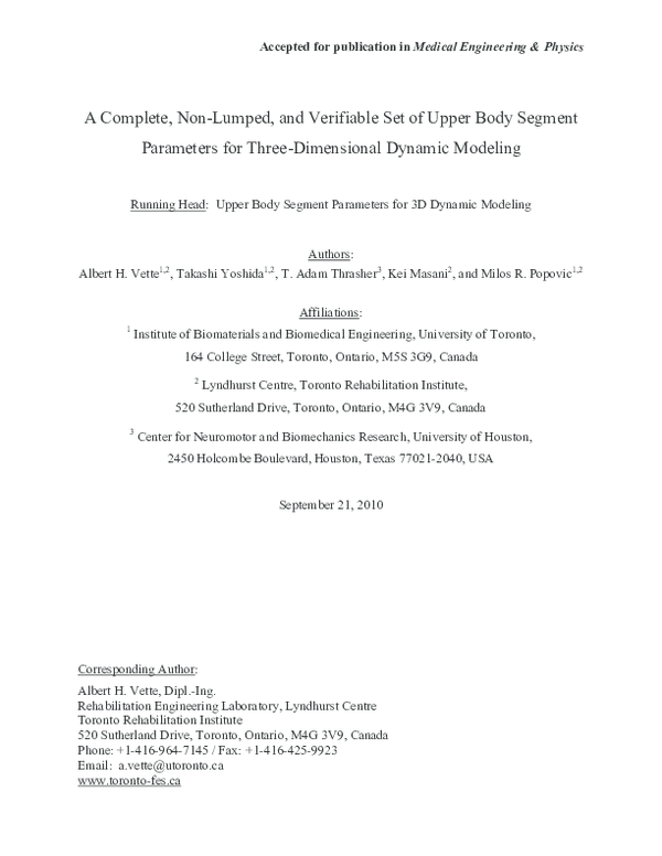 (PDF) A complete, non-lumped, and verifiable set of upper body segment parameters for three ...