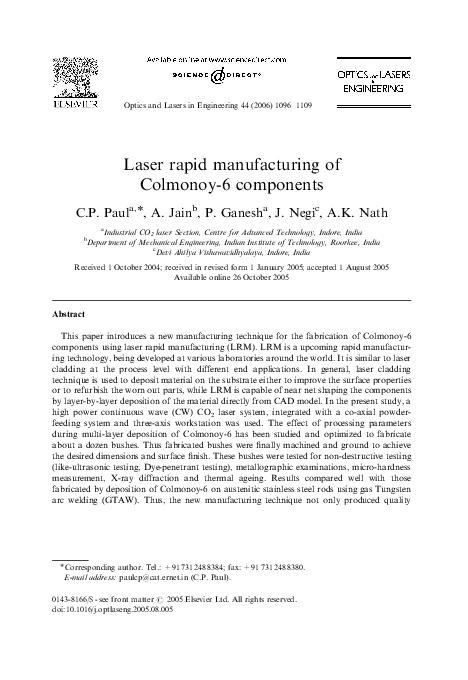 (PDF) Laser rapid manufacturing of Colmonoy-6 components