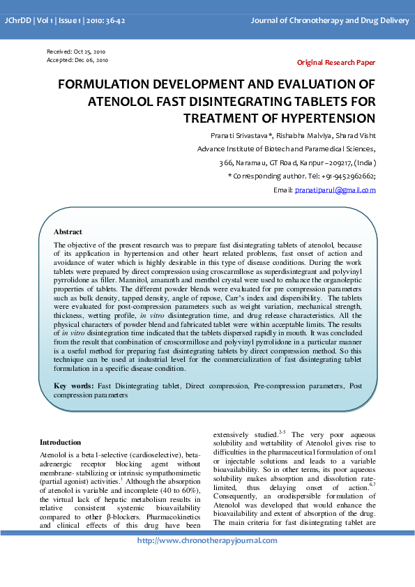 Pdf Formulation Development And Evaluation Of Atenolol Fast Disintegrating Tablets For