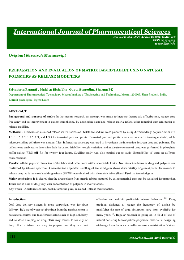 (PDF) Preparation and Evaluation of Matrix Based Tablet Using Natural ...
