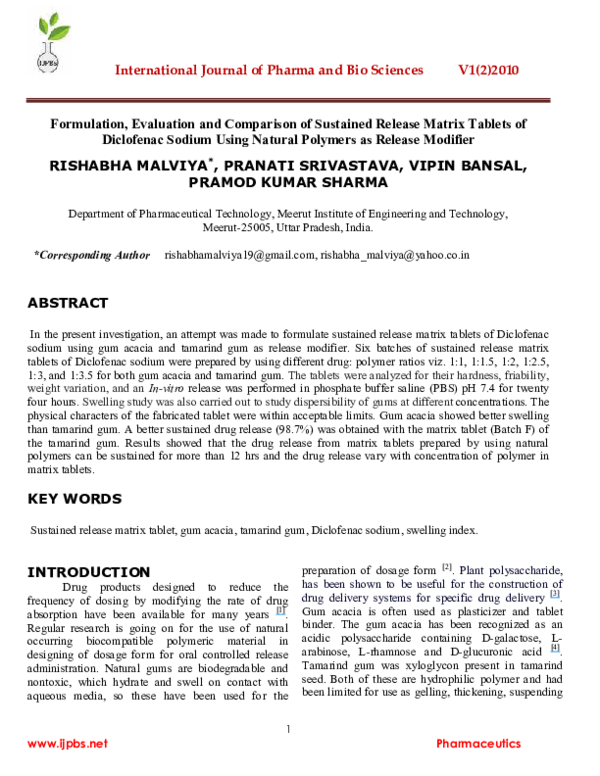 Pdf Formulation Evaluation And Comparison Of Sustained Release Matrix Tablets Of Diclofenac