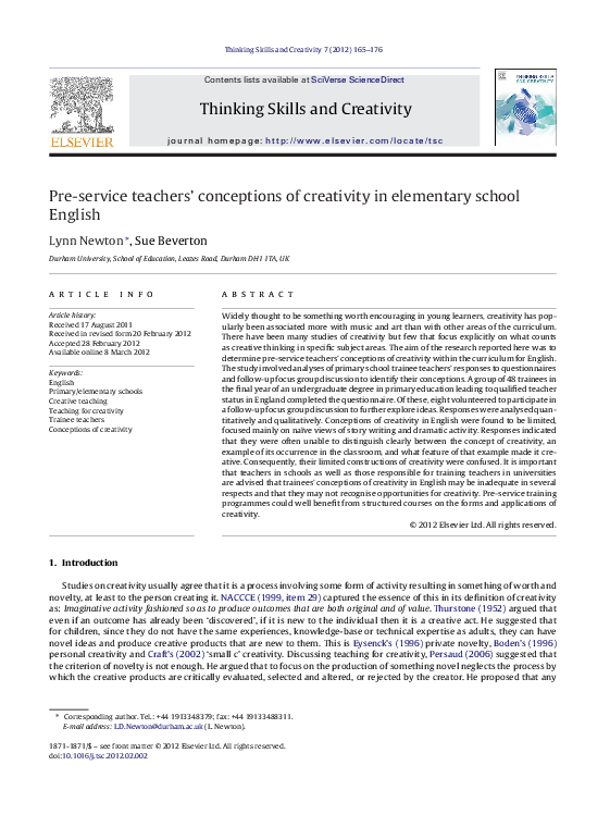 (PDF) Pre-service teachers’ conceptions of creativity in elementary ...