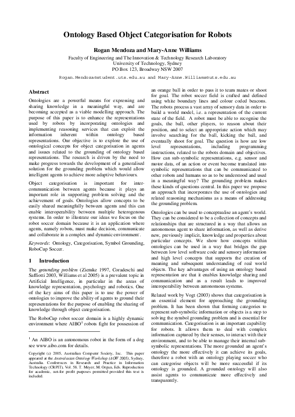 (PDF) Ontology Based Object Categorization for Robots