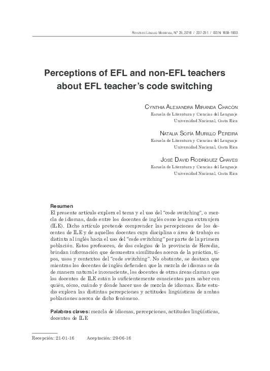 (PDF) Perceptions of EFL and non-EFL teachers about EFL teacher's code switching