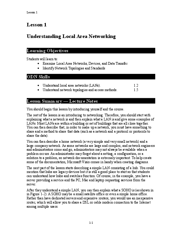(DOC) Lesson 1 Understanding Local Area Networking Learning Objectives