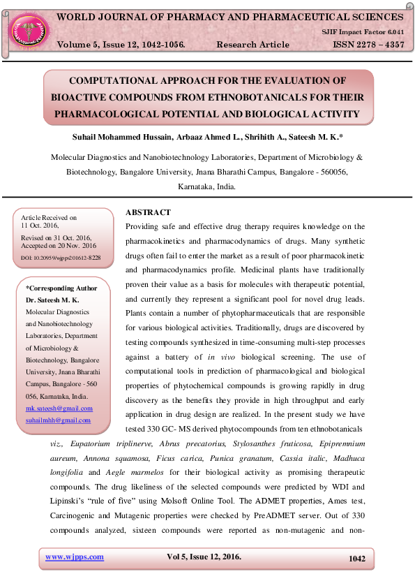 Pdf Computational Approach For The Evaluation Of Bioactive Compounds