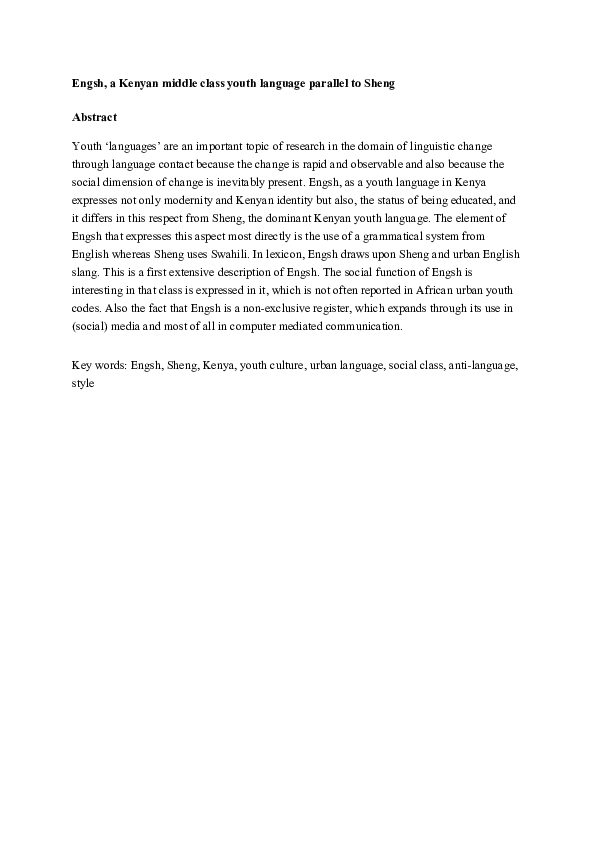 (PDF) Engsh, a Kenyan middle class youth language parallel to Sheng