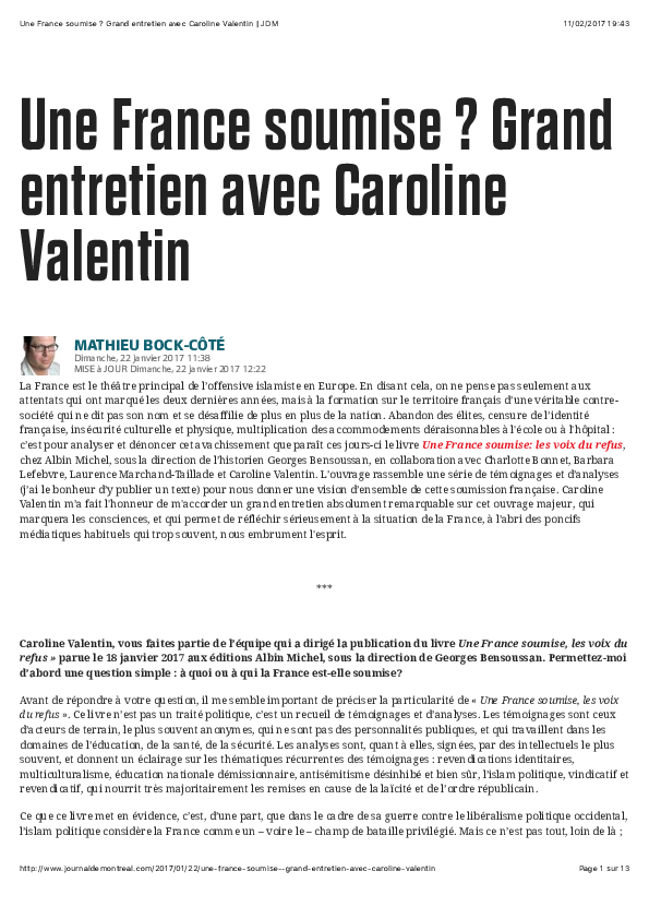 (PDF) Une France soumise Grand entretien avec Caroline Valentin JDM