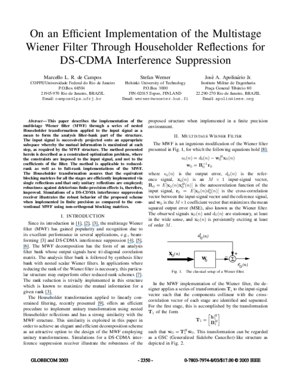 Pdf On An Efficient Implementation Of The Multistage Wiener Filter