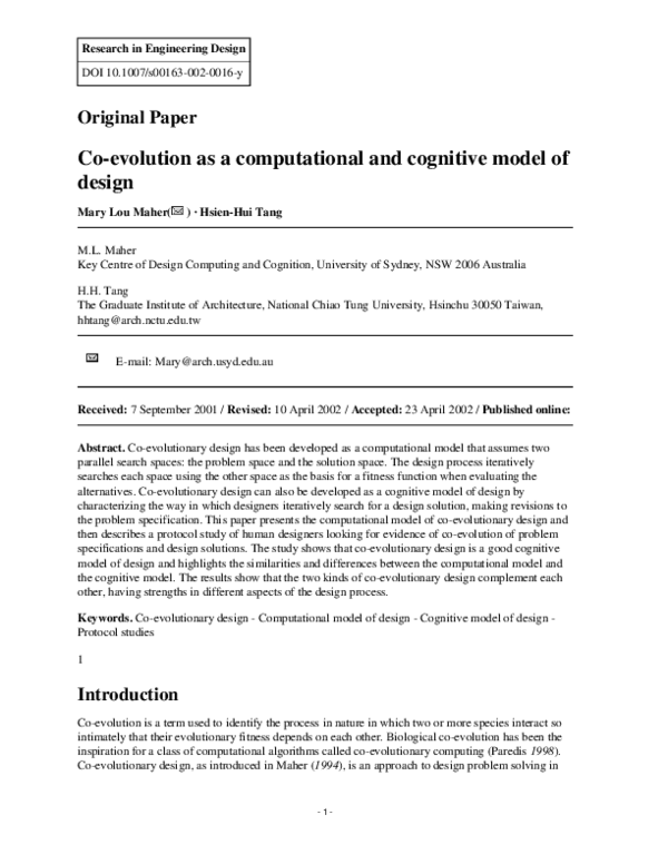 (PDF) Co-Evolution As a Computational and Cognitive Model of Design