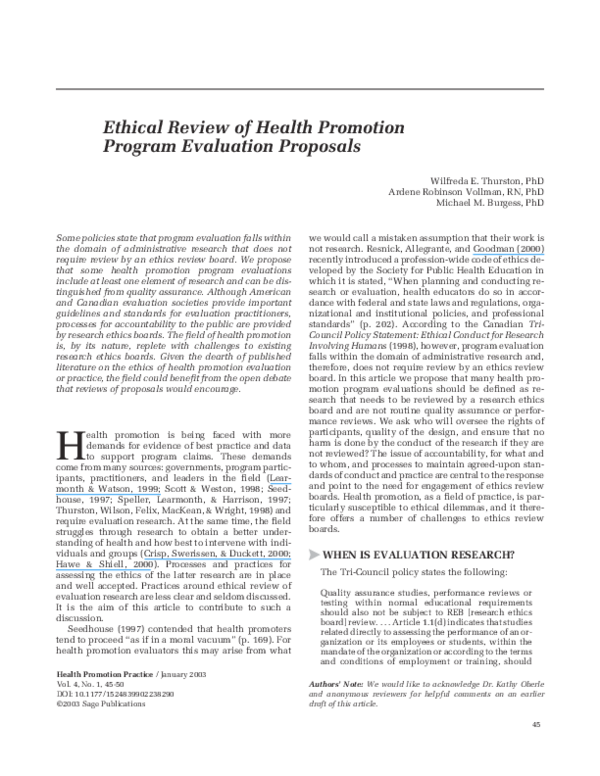 (PDF) Ethical Review of Health Promotion Program Evaluation Proposals