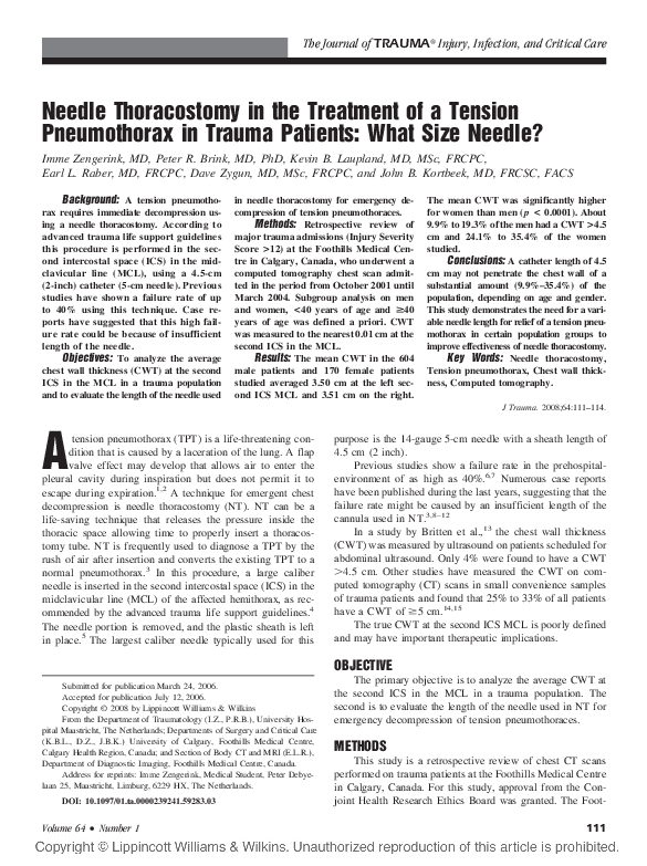 (PDF) Needle Thoracostomy in the Treatment of a Tension Pneumothorax in ...