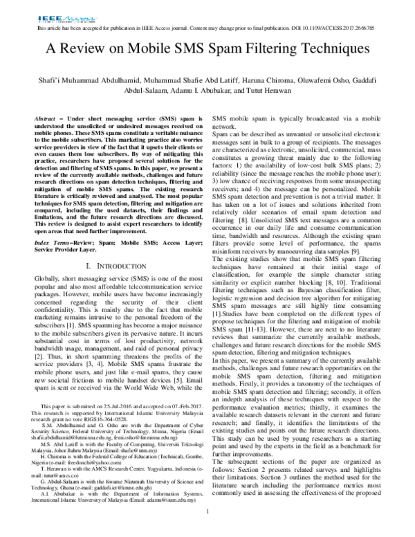 Pdf A Review On Mobile Sms Spam Filtering Techniques
