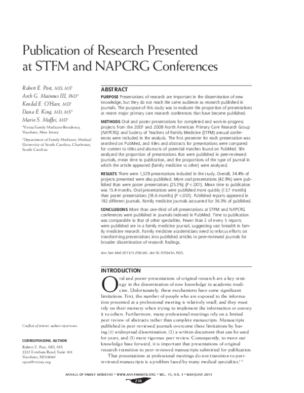 Publication of Research Presented at STFM and NAPCRG Conferences