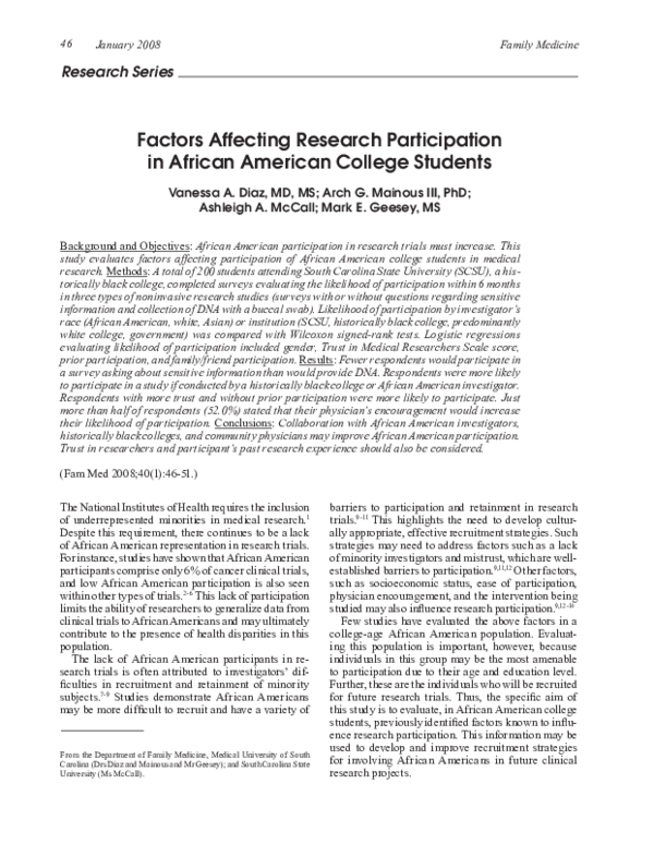 (PDF) Factors affecting research participation in African American ...