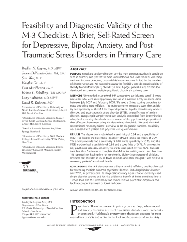 (PDF) Feasibility and Diagnostic Validity of the M-3 Checklist: A Brief ...